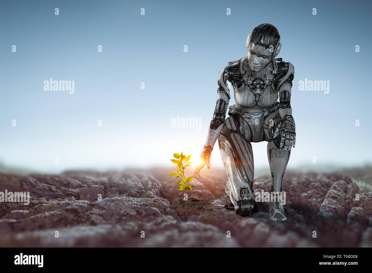 Cyborg silver woman sitting on one knee and smiling Stock Photo - Alamy