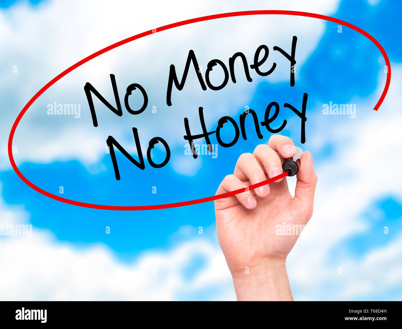Man Hand writing No Money No Honey with black marker on visual screen ...