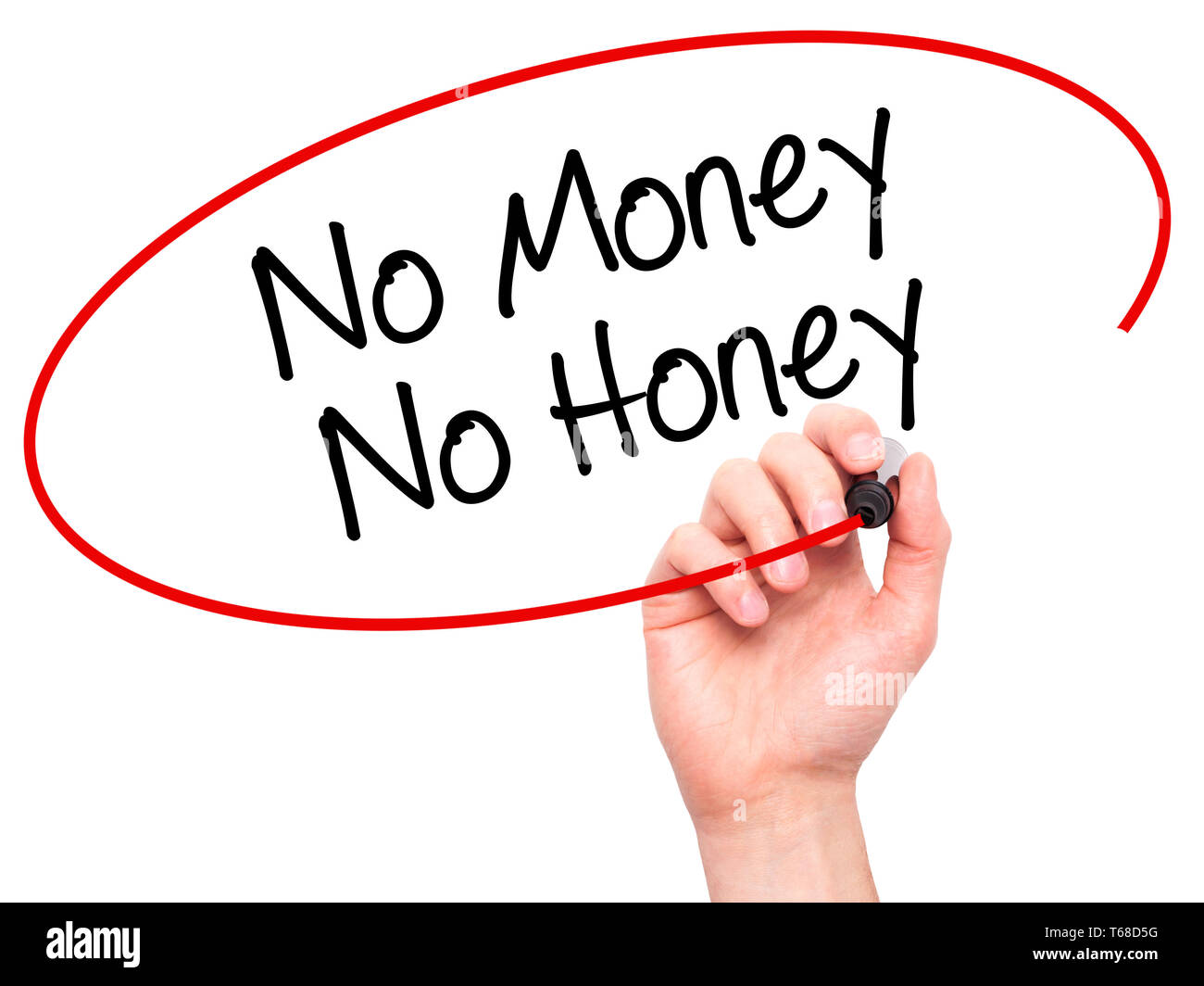Man Hand writing No Money No Honey with black marker on visual screen ...