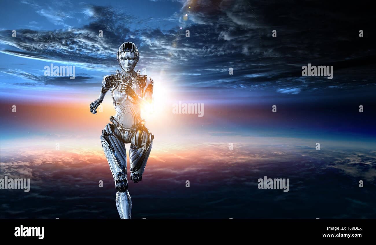 Cyborg silver running woman. Mixed media Stock Photo - Alamy