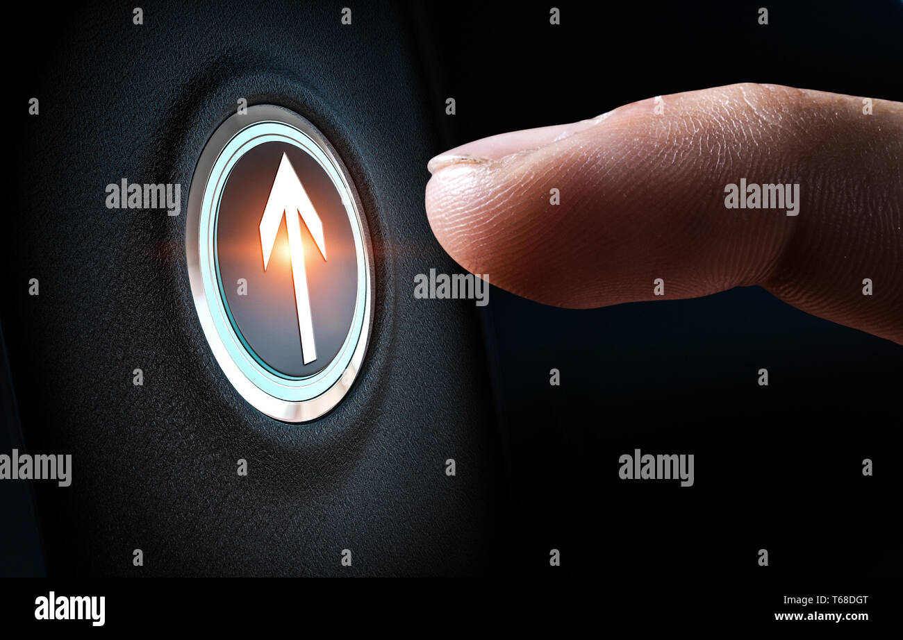 Finger about to press buttonwith rising arrow. Mixed media Stock Photo ...