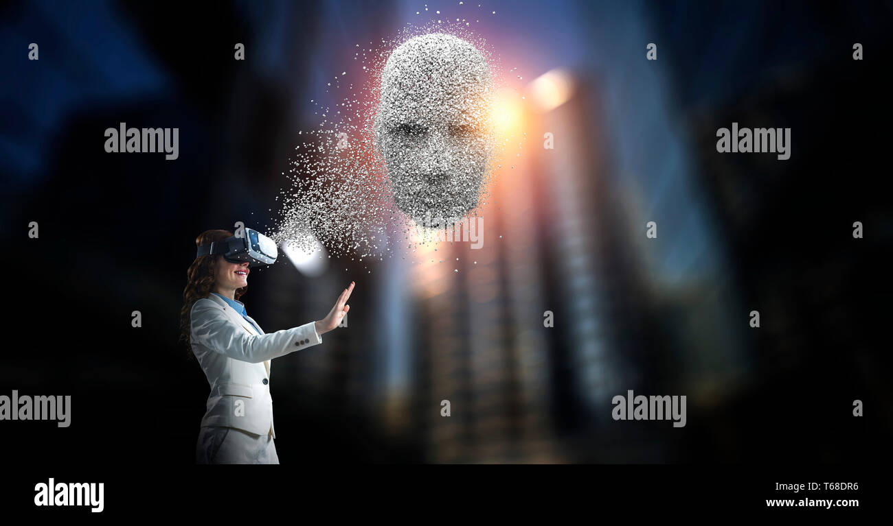Digital head, artificial intelligence and virtual reality. Mixed media ...