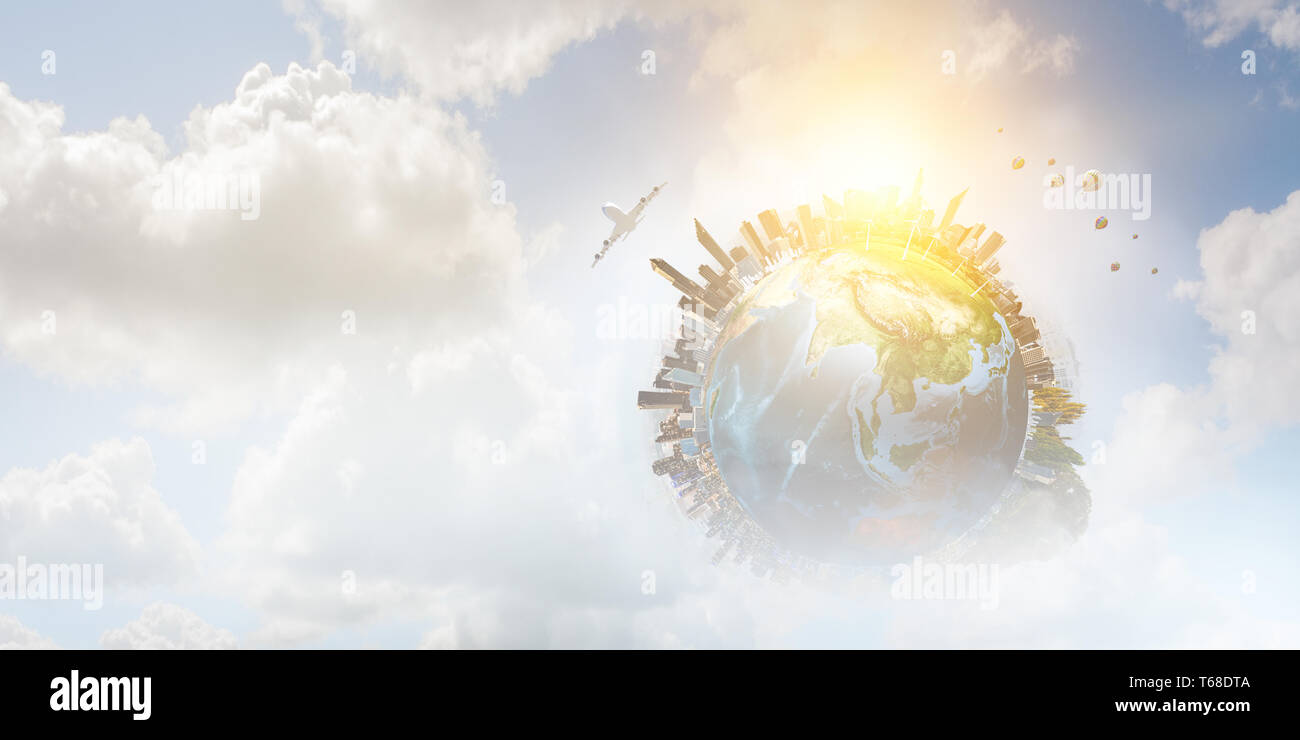 Planet Earth model with city skyline Stock Photo - Alamy