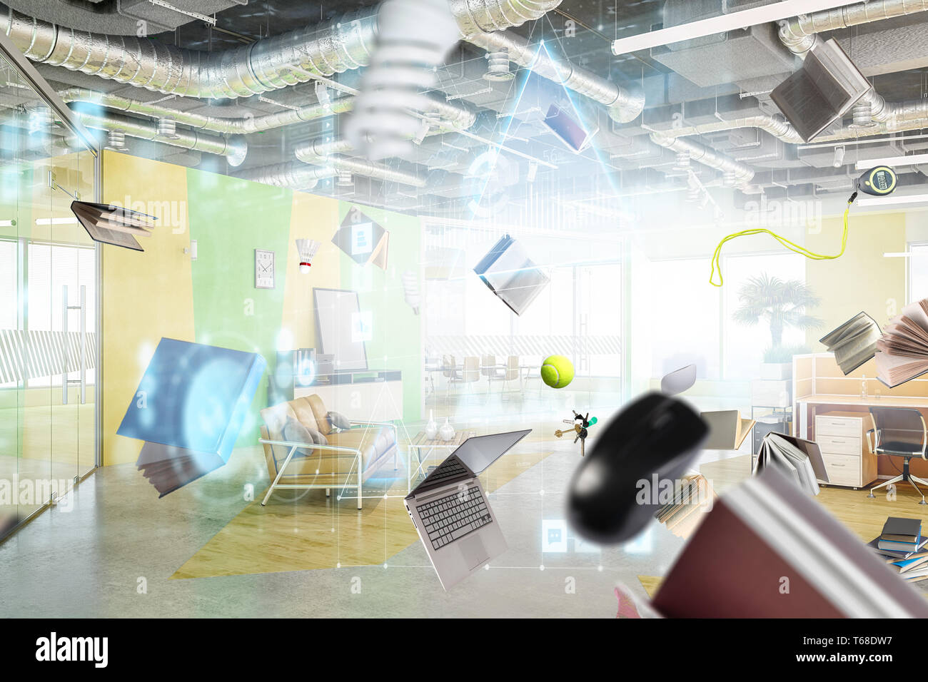 Office workplace with flying objects Stock Photo - Alamy