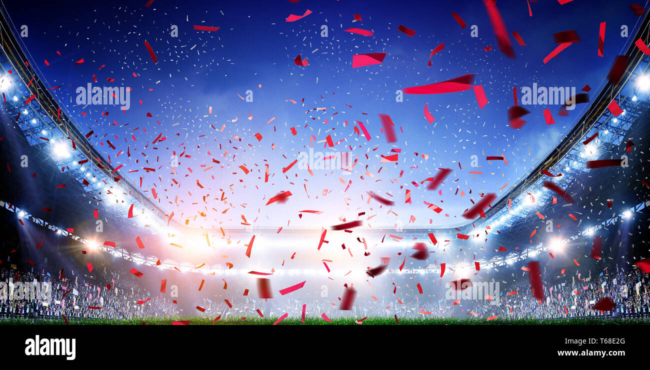 Football stadium background with flying confetti Stock Photo - Alamy
