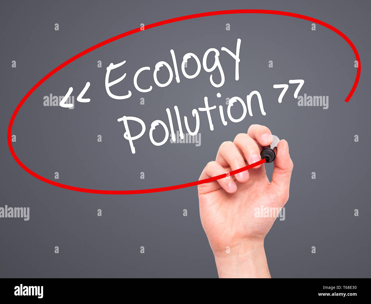 Man Hand writing Ecology - Pollution with black marker on visual screen ...