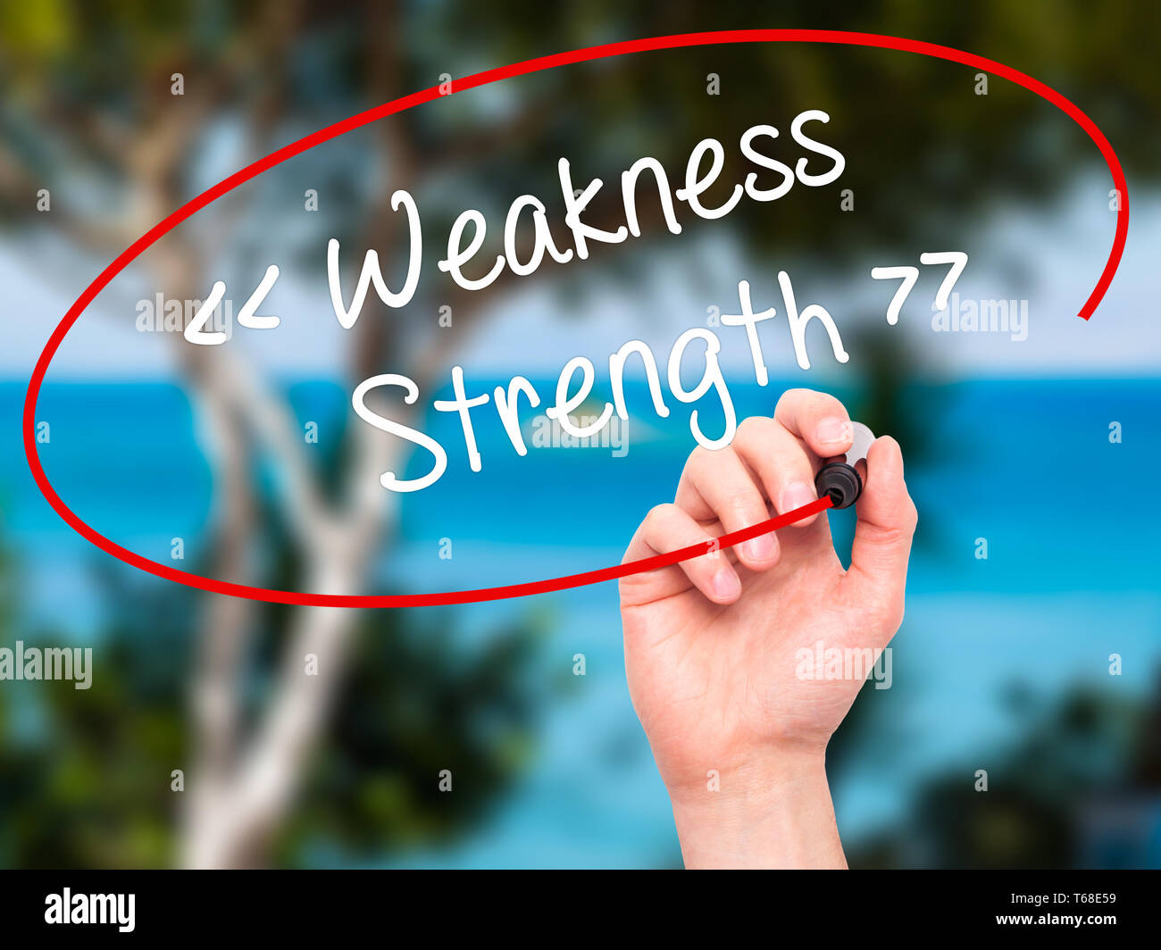 Man Hand writing Weakness - Strength with black marker on visual screen ...