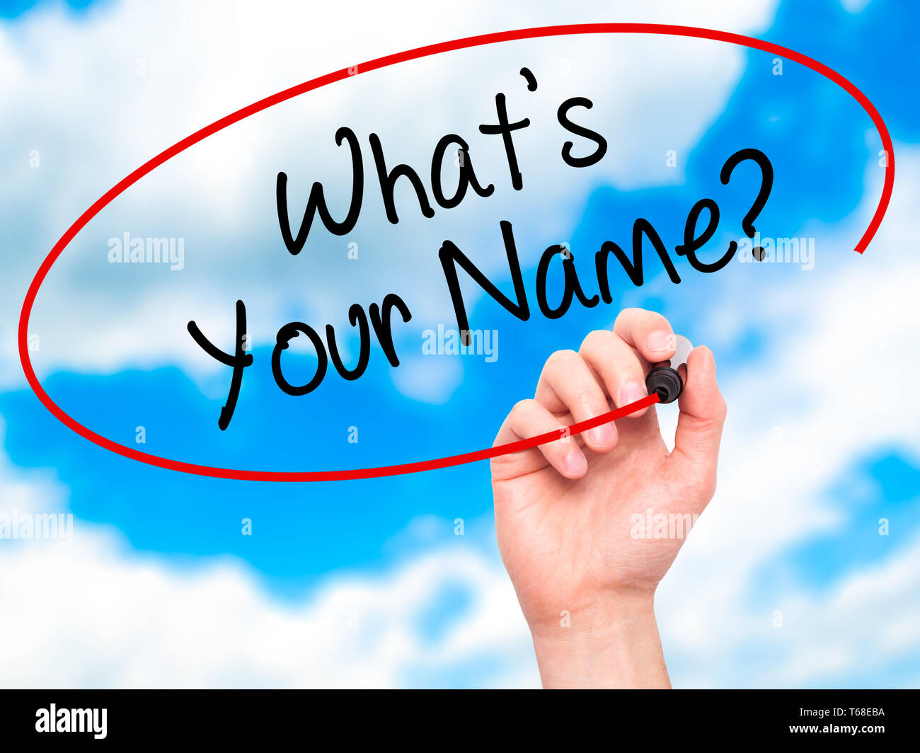 Man Hand writing What's your Name? with black marker on visual screen ...