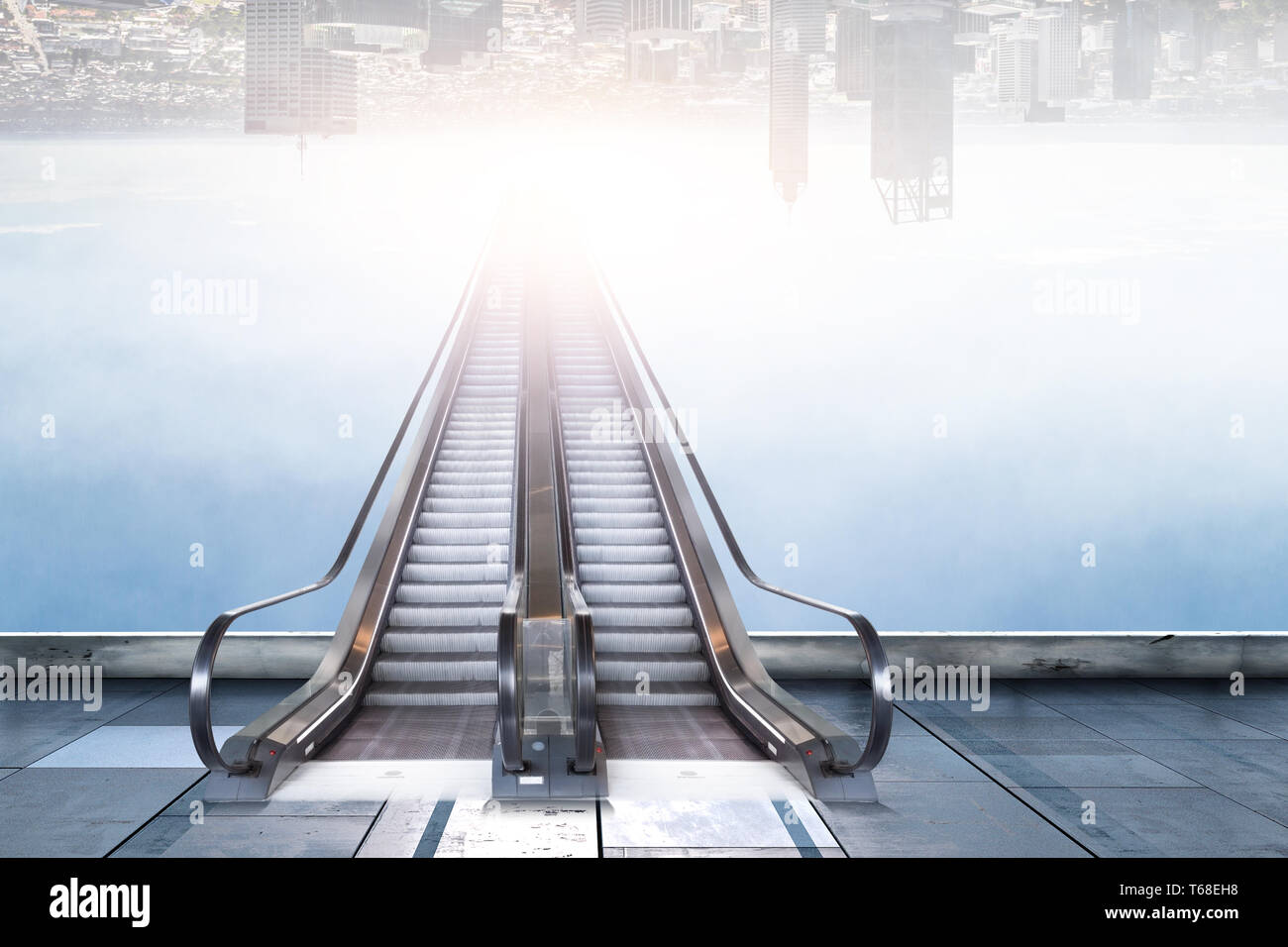 Modern double escalator with reversed cityscape background Stock Photo ...