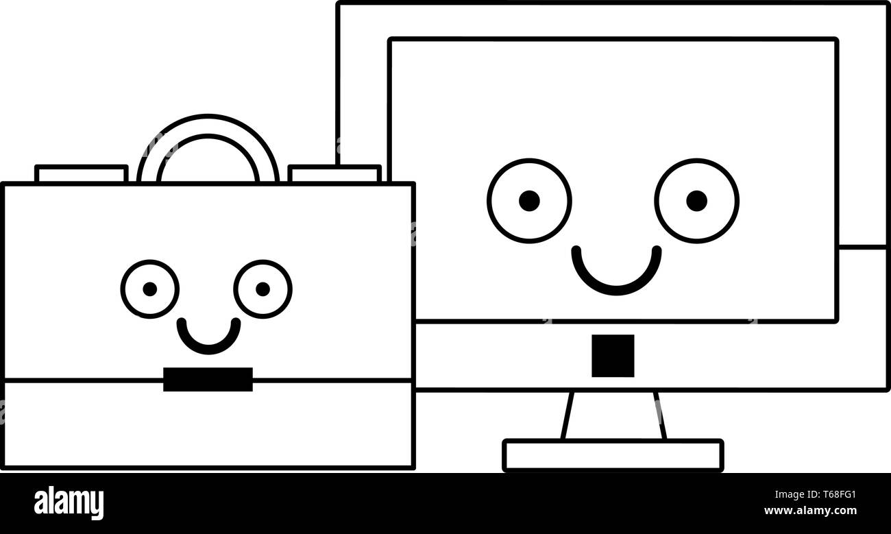 Computer screen and briefcase in black and white Stock Vector Image ...