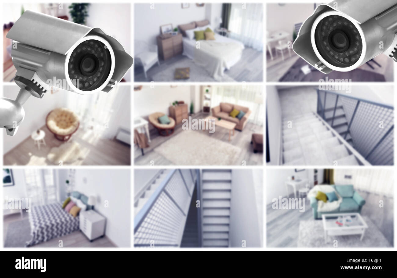 Modern CCTV cameras with blurred view of home locations Stock Photo - Alamy