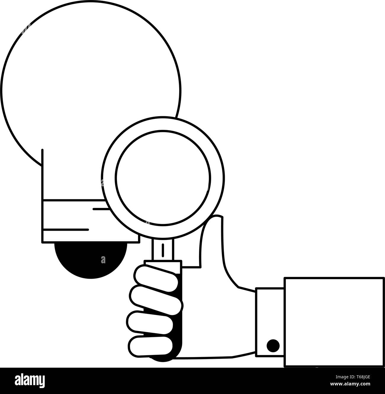 hand with magnifying glass and light bulb in black and white Stock ...