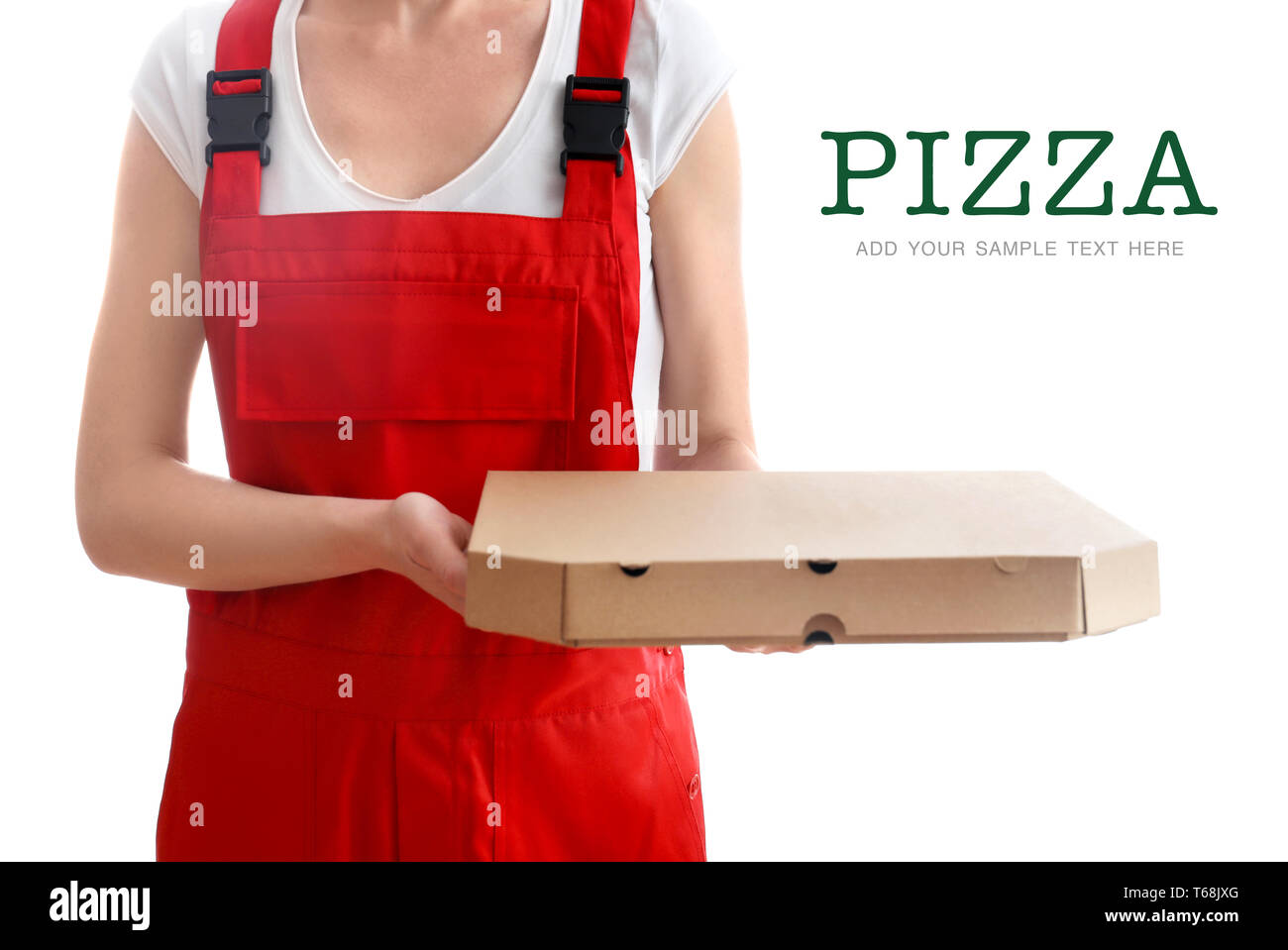 Delivery woman with cardboard pizza box on white background Stock Photo ...