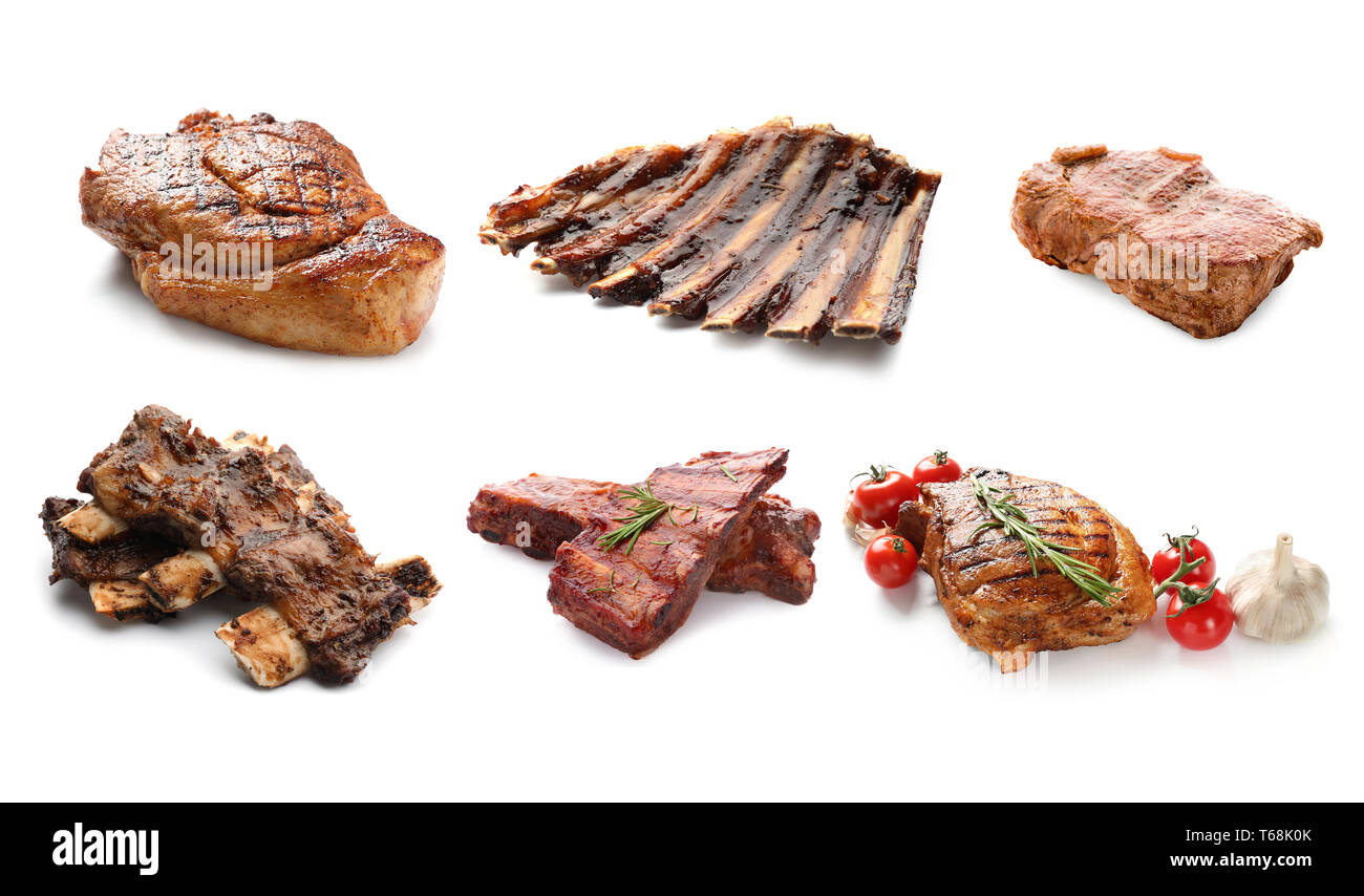 Different delicious grilled meat on white background Stock Photo - Alamy