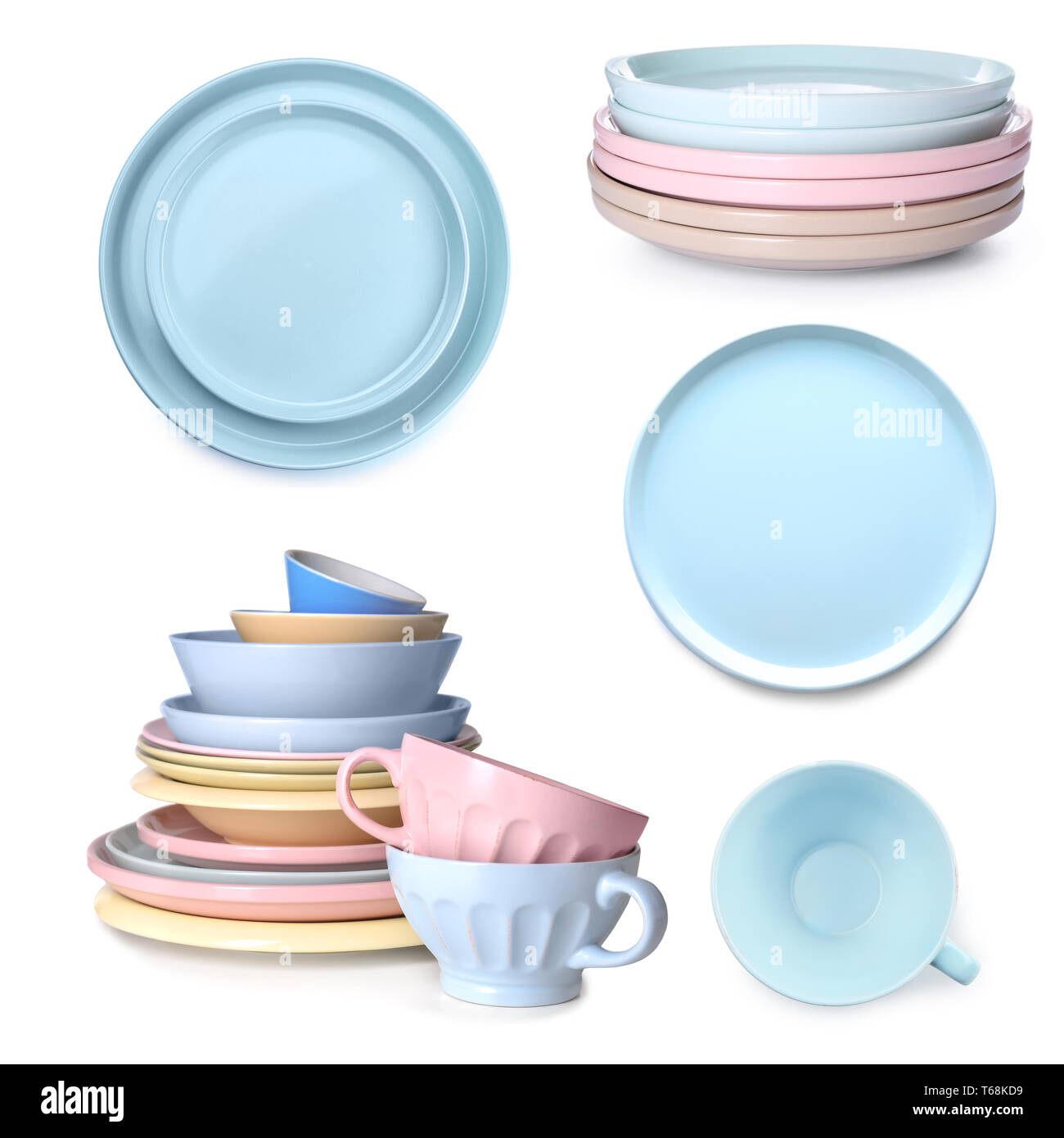 Different ceramic tableware on white background Stock Photo - Alamy