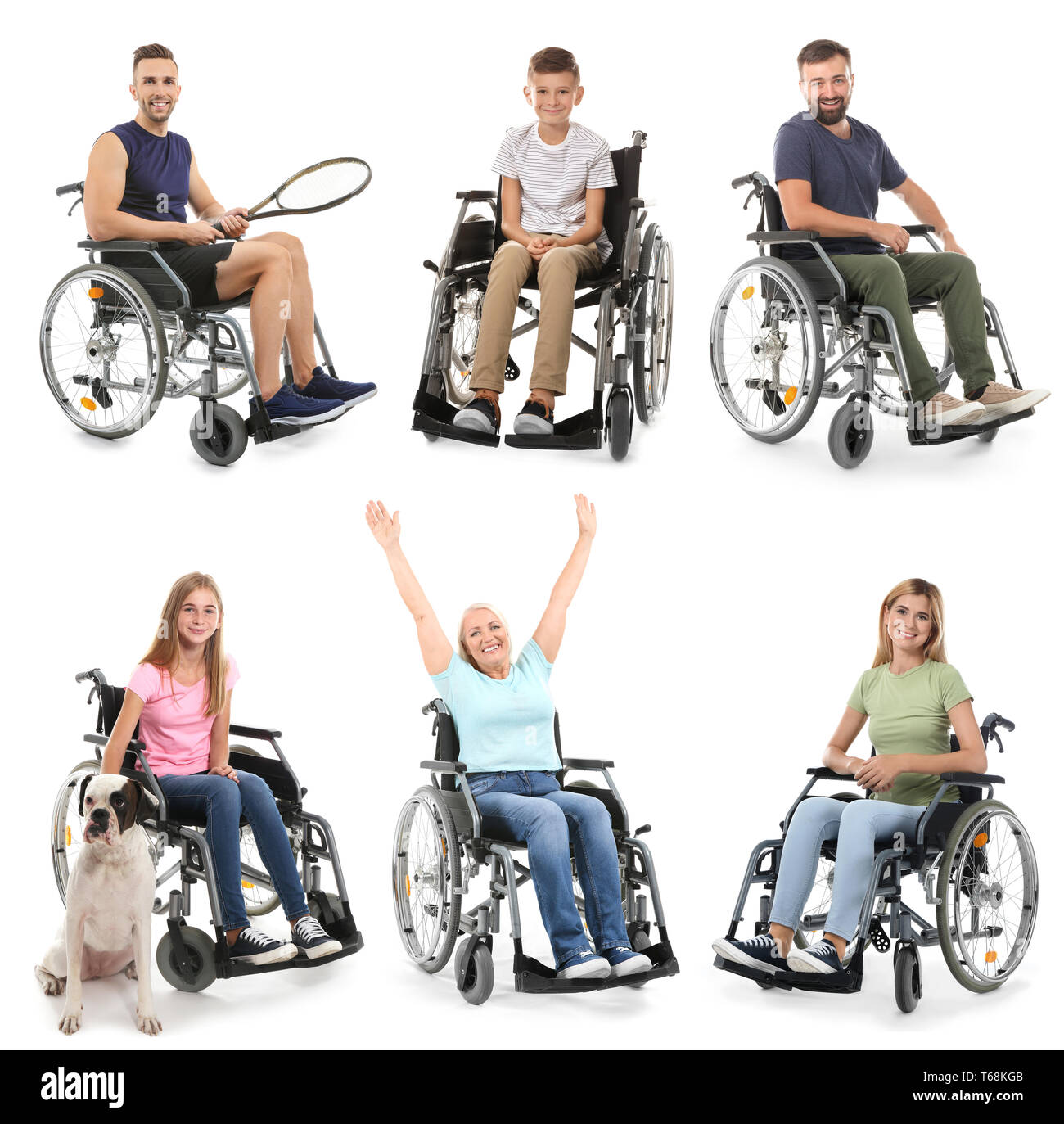 Different people in wheelchair on white background Stock Photo - Alamy