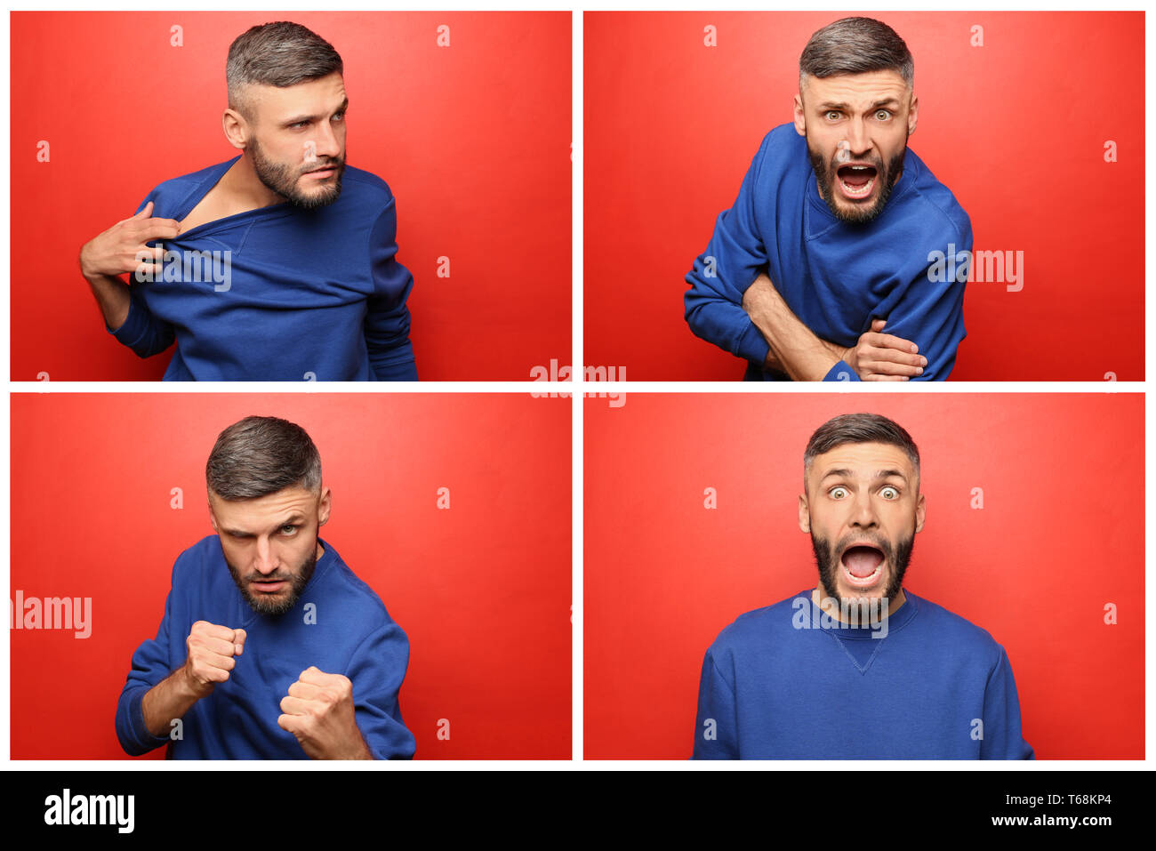 Handsome man with different emotions on color background Stock Photo ...