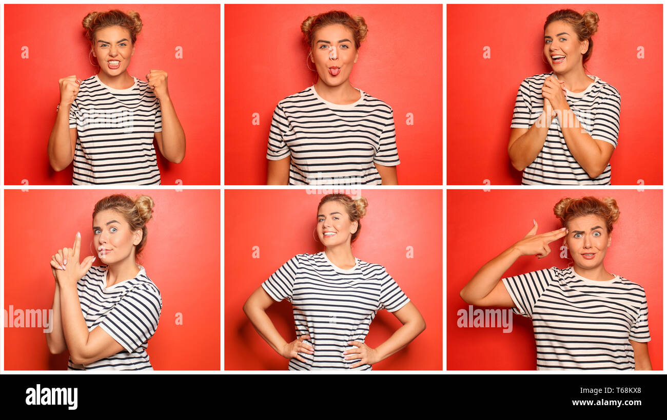 Beautiful young woman with different emotions on color background Stock ...
