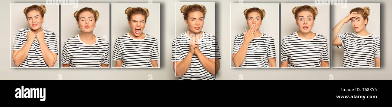 Beautiful woman with different emotions on light background Stock Photo ...