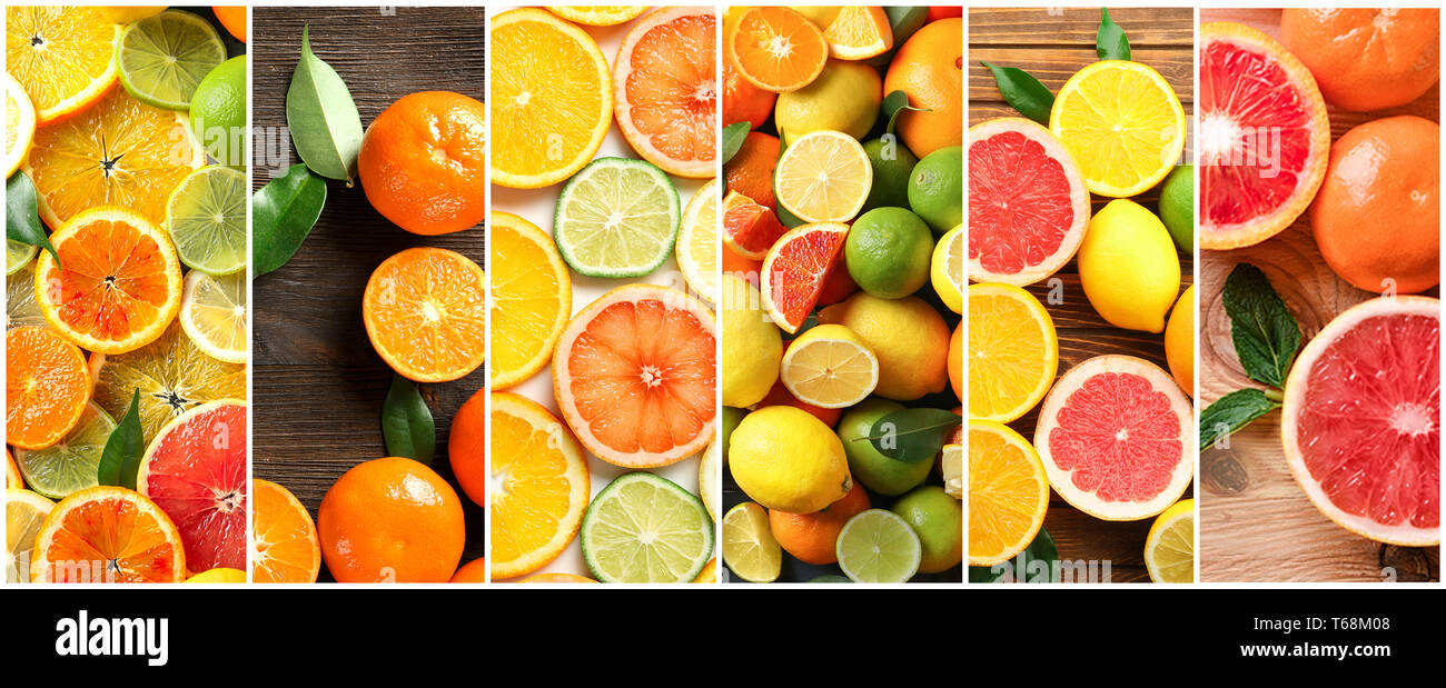 Collage with different ripe citrus fruits Stock Photo - Alamy