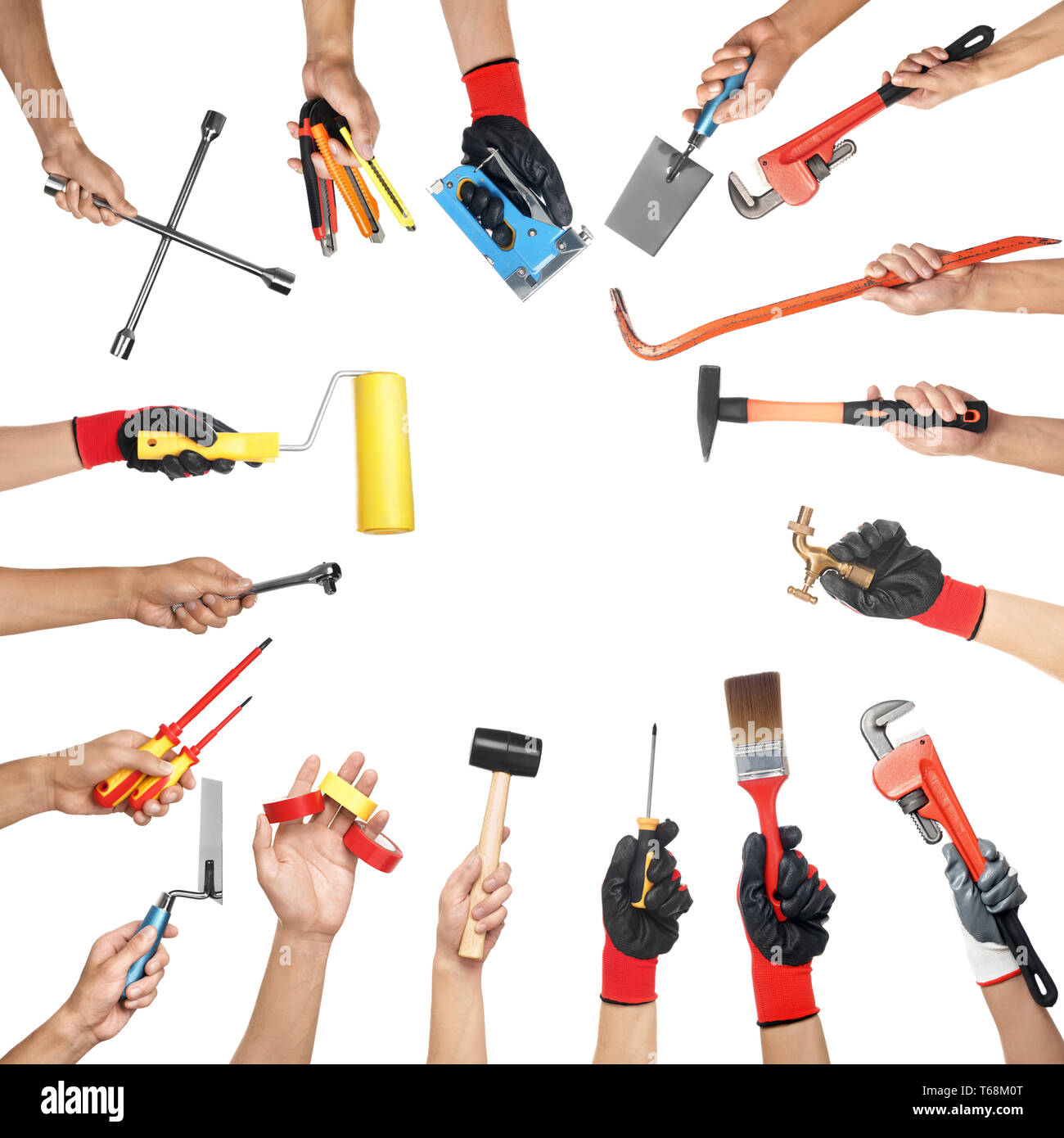 Male hands with different repair tools on white background Stock Photo ...