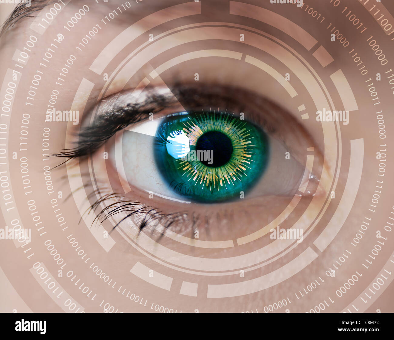 Female hacker with iris scanning, closeup. Concept of digital crime ...