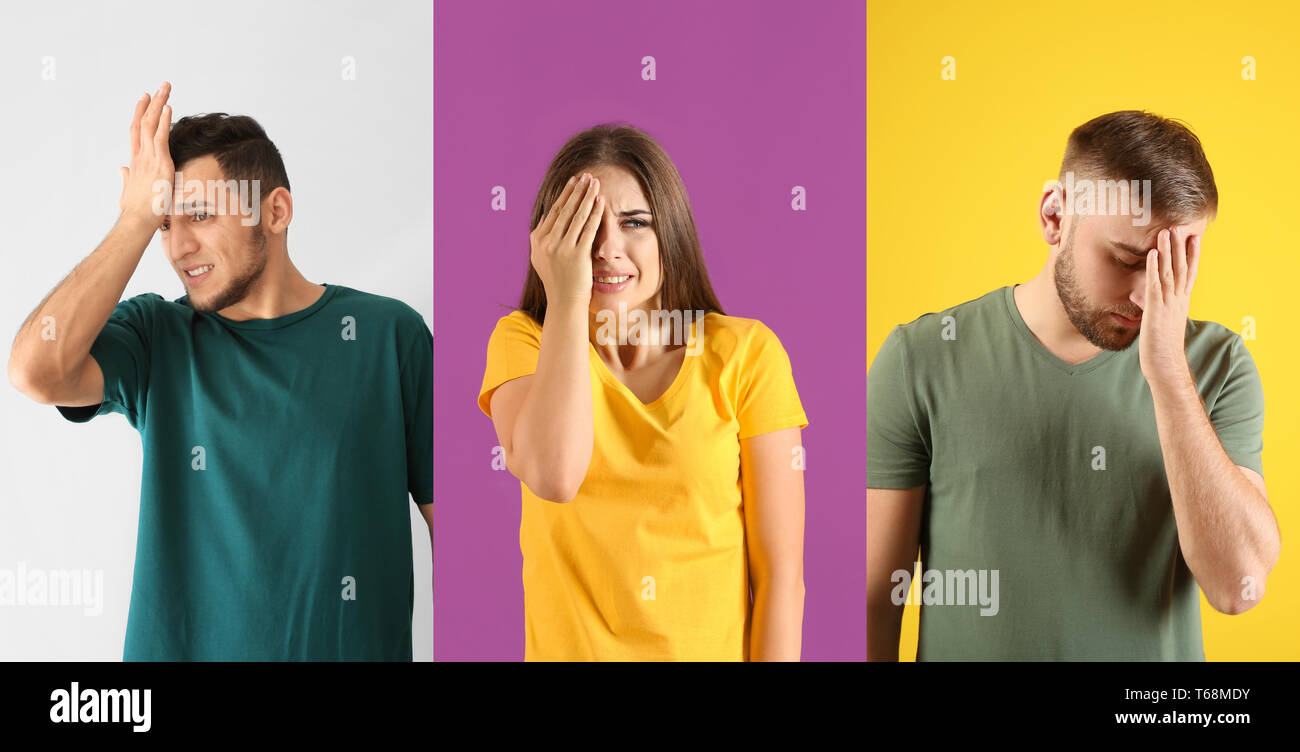 Emotional young people after making mistake on color backgrounds Stock ...