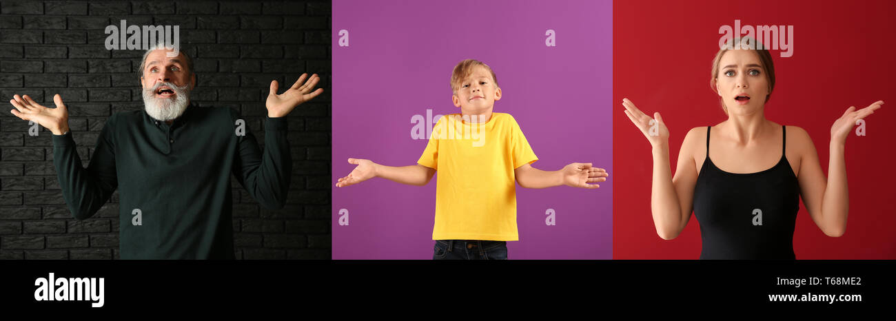 Emotional people after making mistake on color backgrounds Stock Photo ...