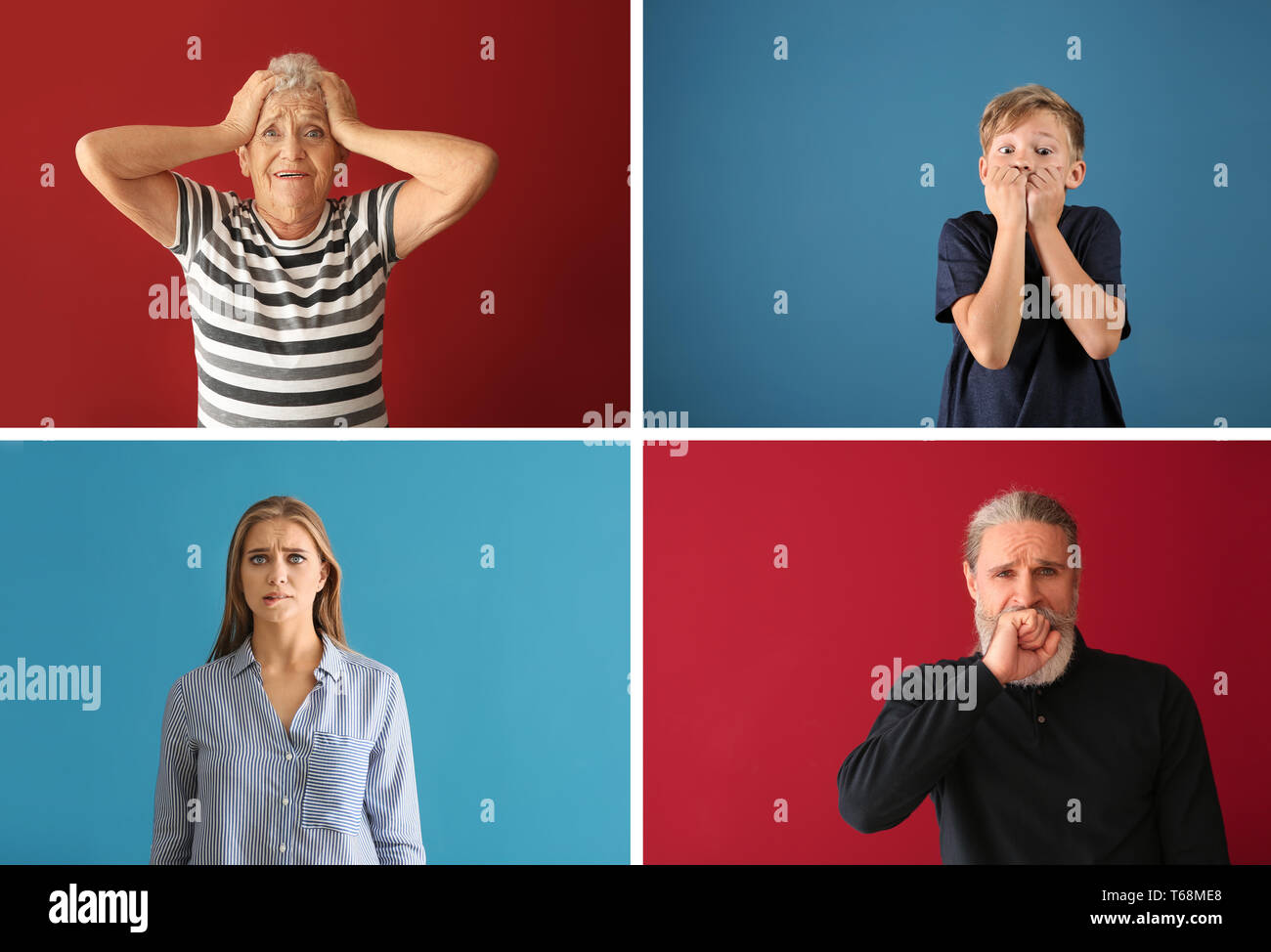 Emotional people after making mistake on color backgrounds Stock Photo ...