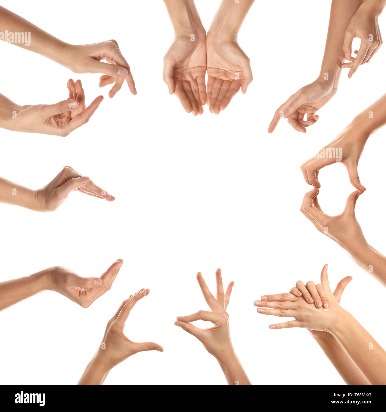 Frame made of gesturing female hands on white background Stock Photo ...