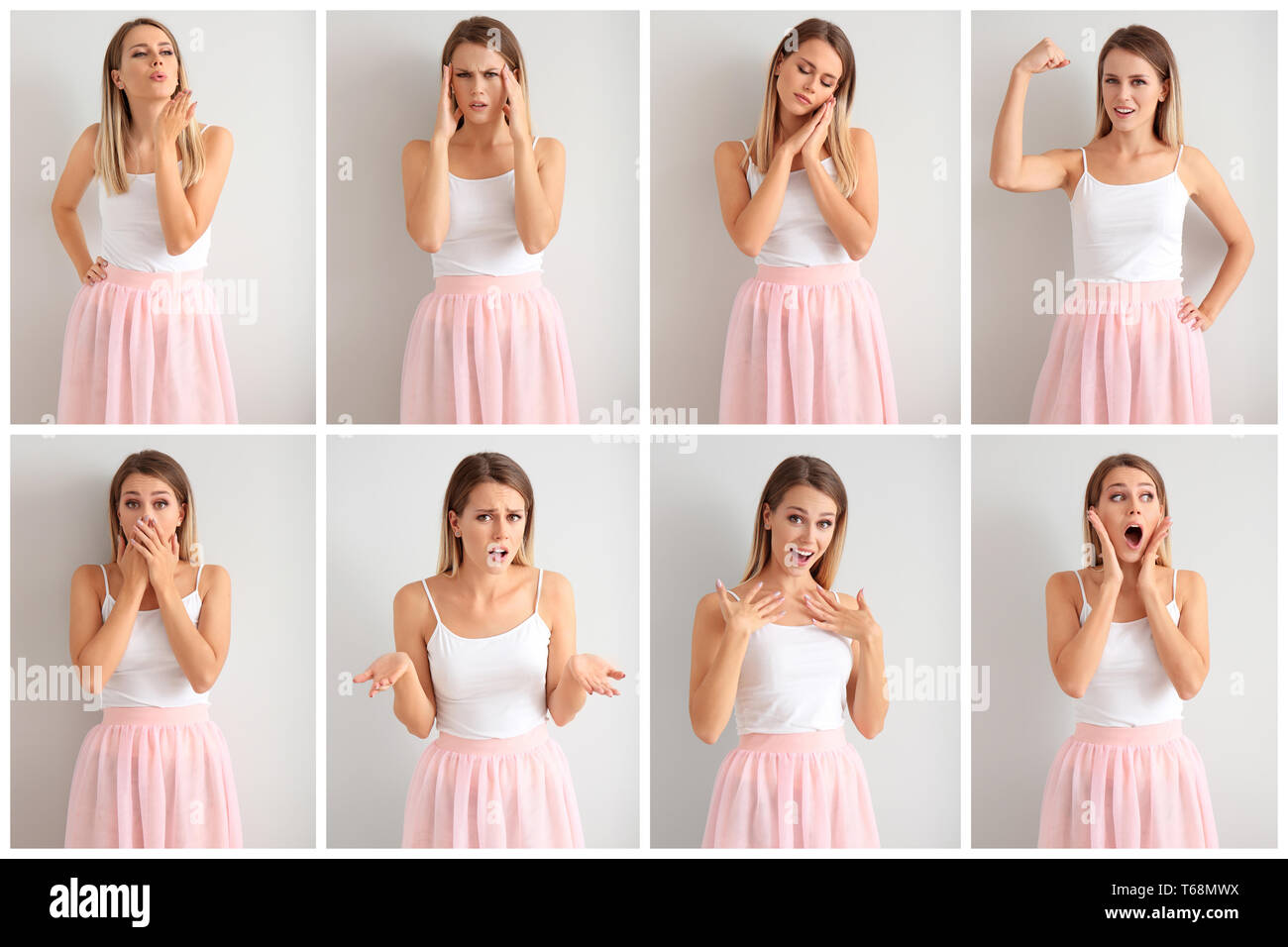 Beautiful young woman with different emotions on light background Stock ...