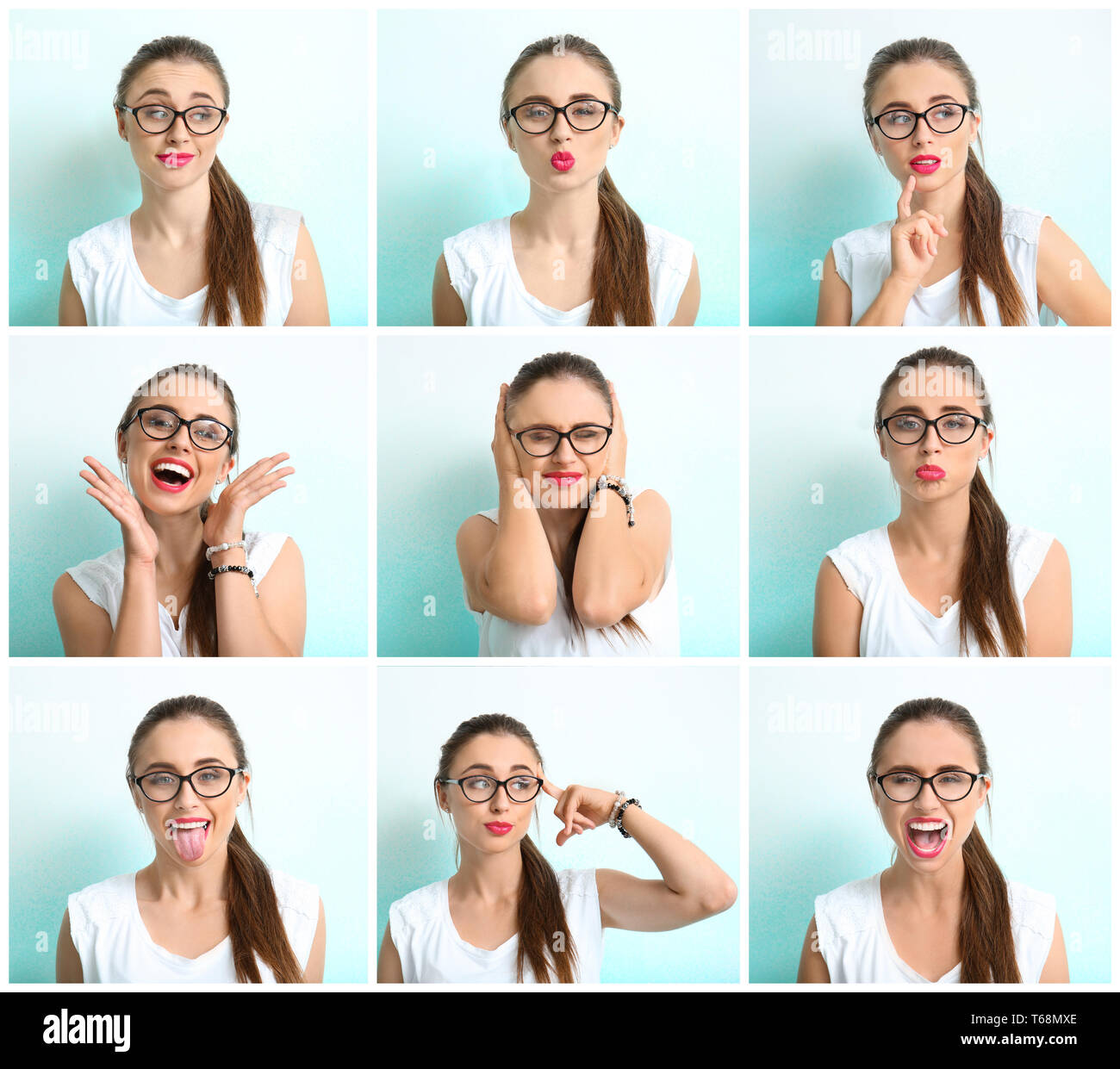 Beautiful young woman with different emotions on color background Stock ...