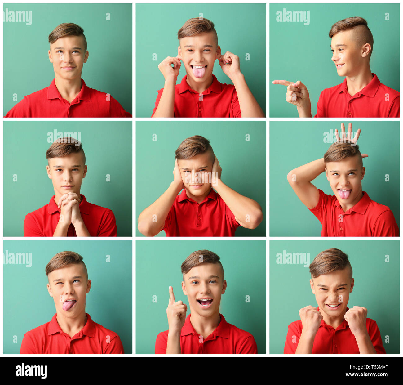 Teenager boy with different emotions on green background Stock Photo ...