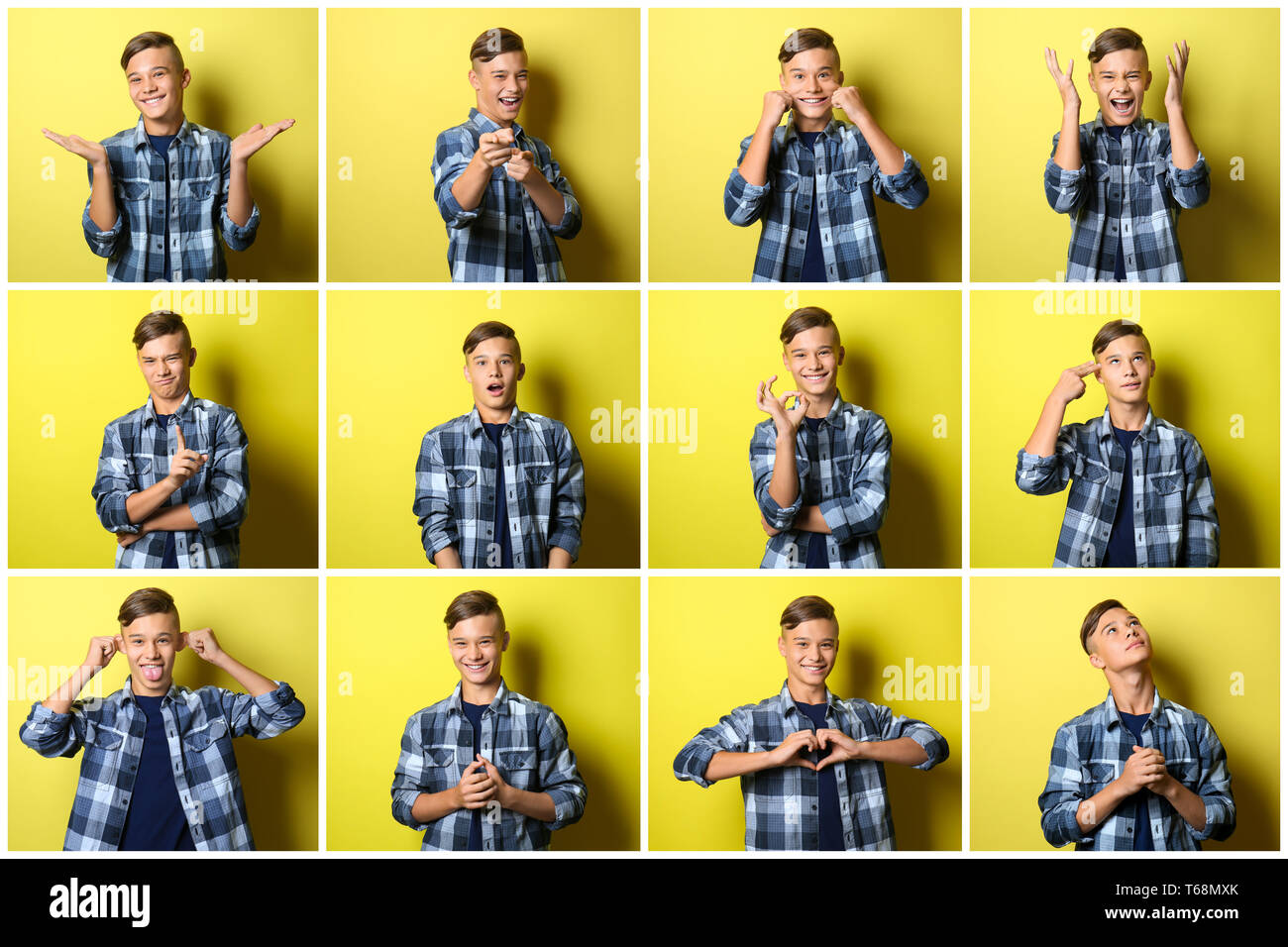 Teenager boy with different emotions on yellow background Stock Photo ...