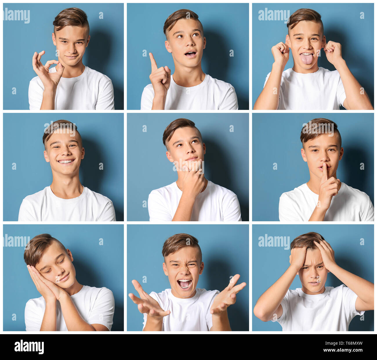 Teenager boy with different emotions on color background Stock Photo ...