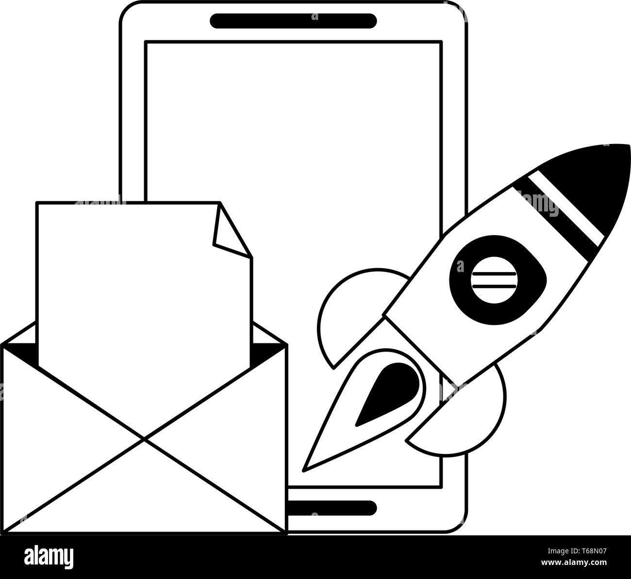 tablet with envelope and rocket in black and white Stock Vector Image ...