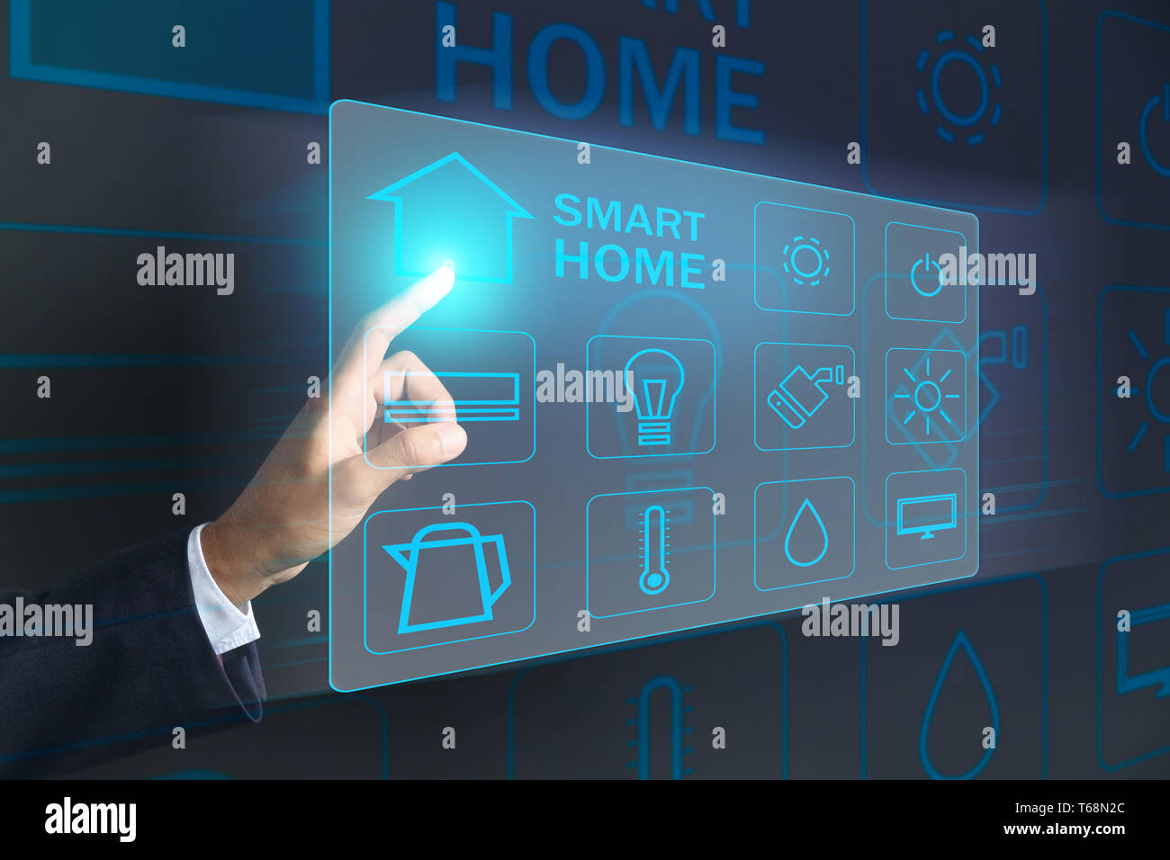 Businessman using futuristic interface of smart home automation on dark ...