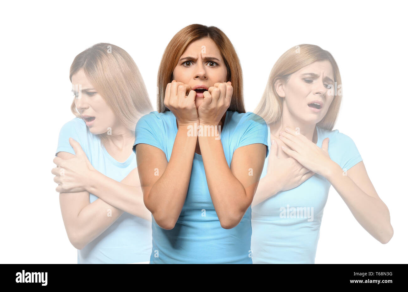 Woman having panic attack on white background Stock Photo - Alamy