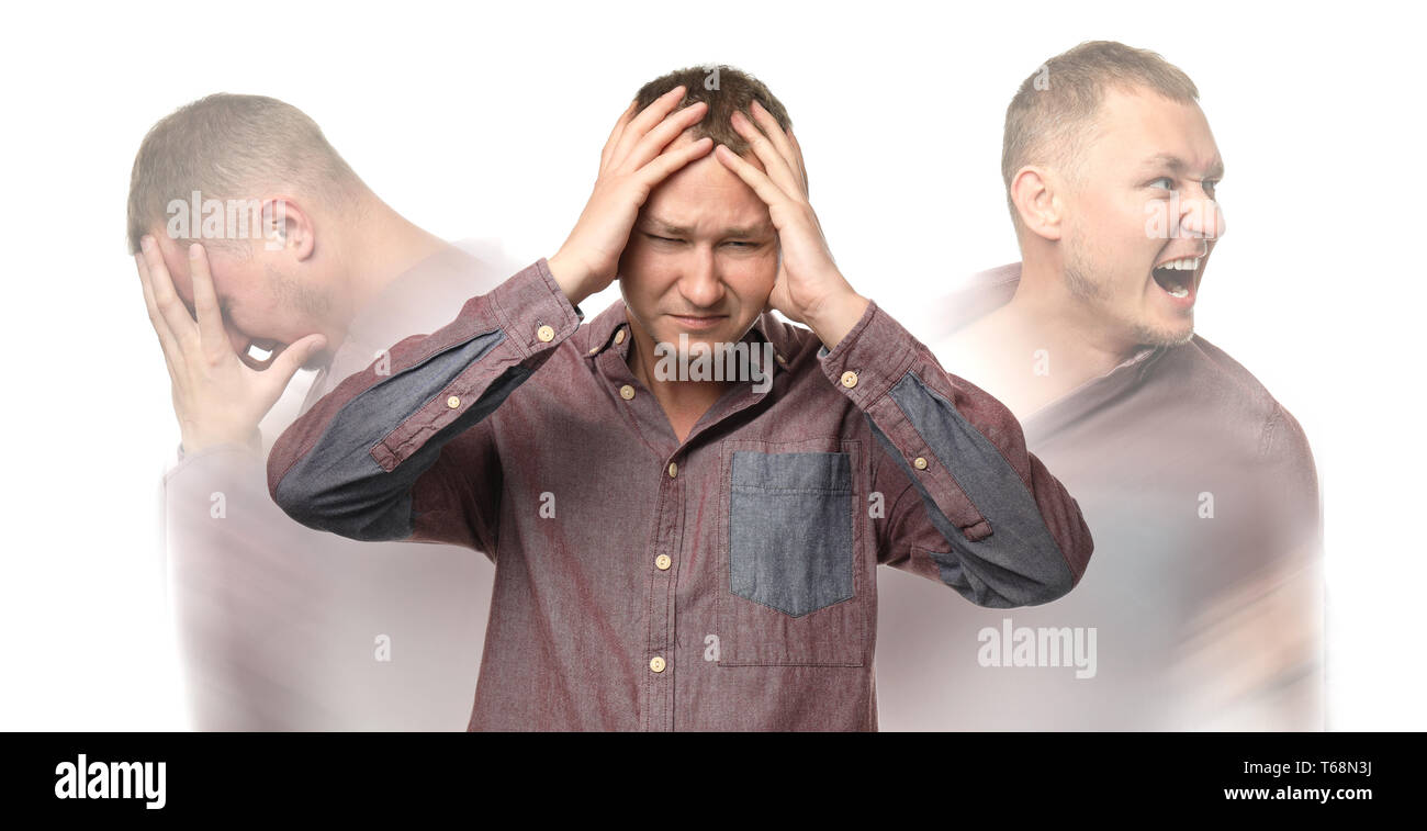 Man having panic attack on white background Stock Photo - Alamy