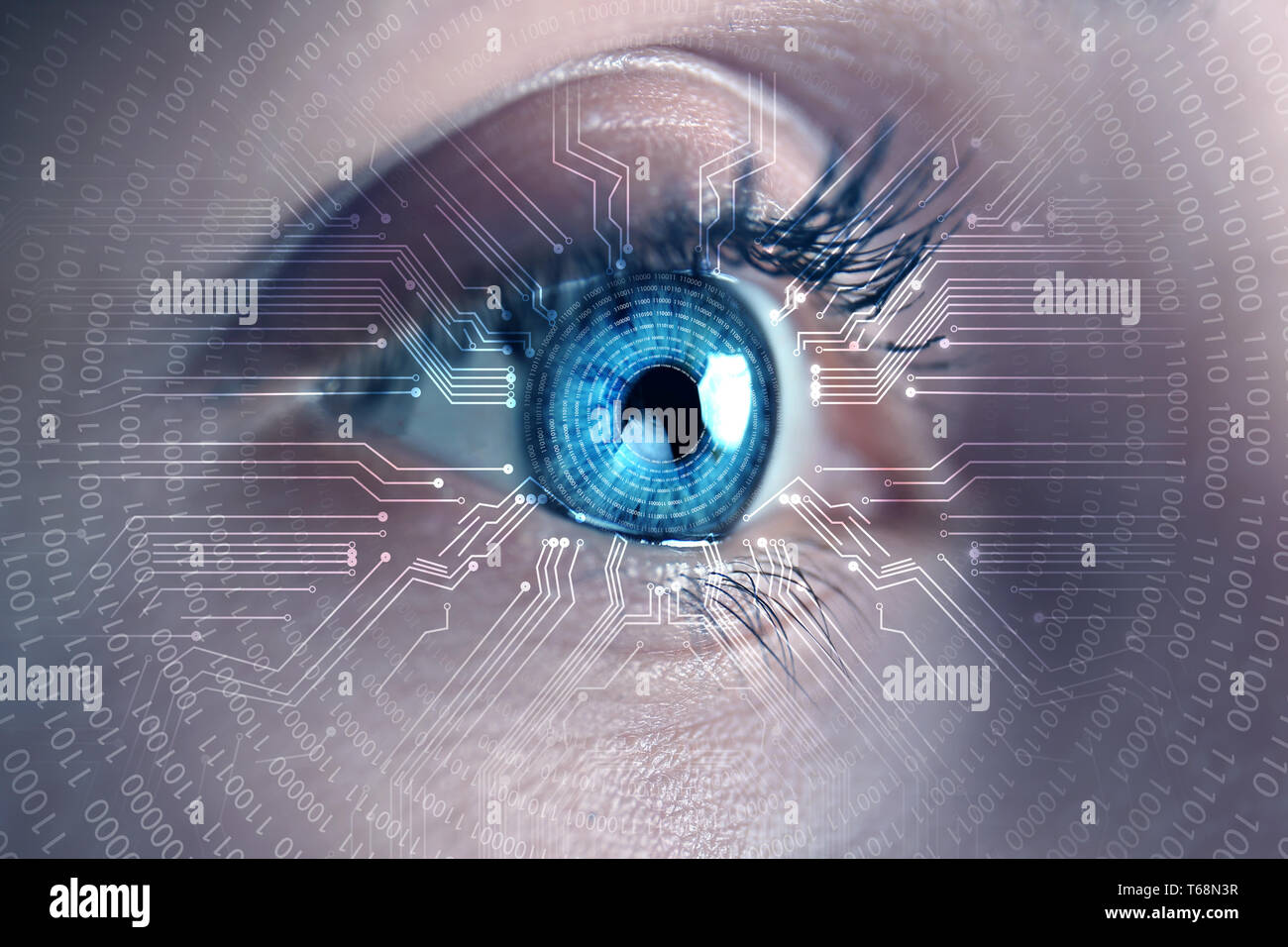 Female hacker with iris scanning, closeup. Concept of digital crime ...