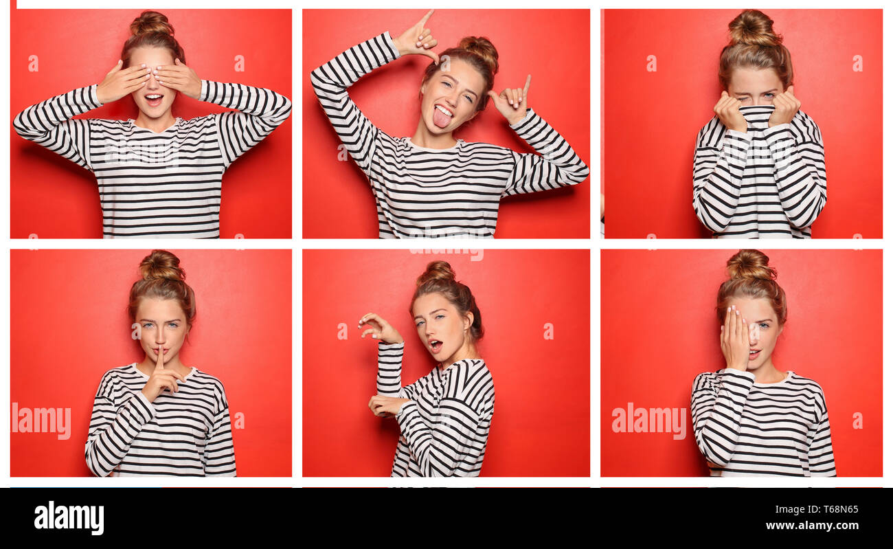 Beautiful young woman with different emotions on color background Stock ...