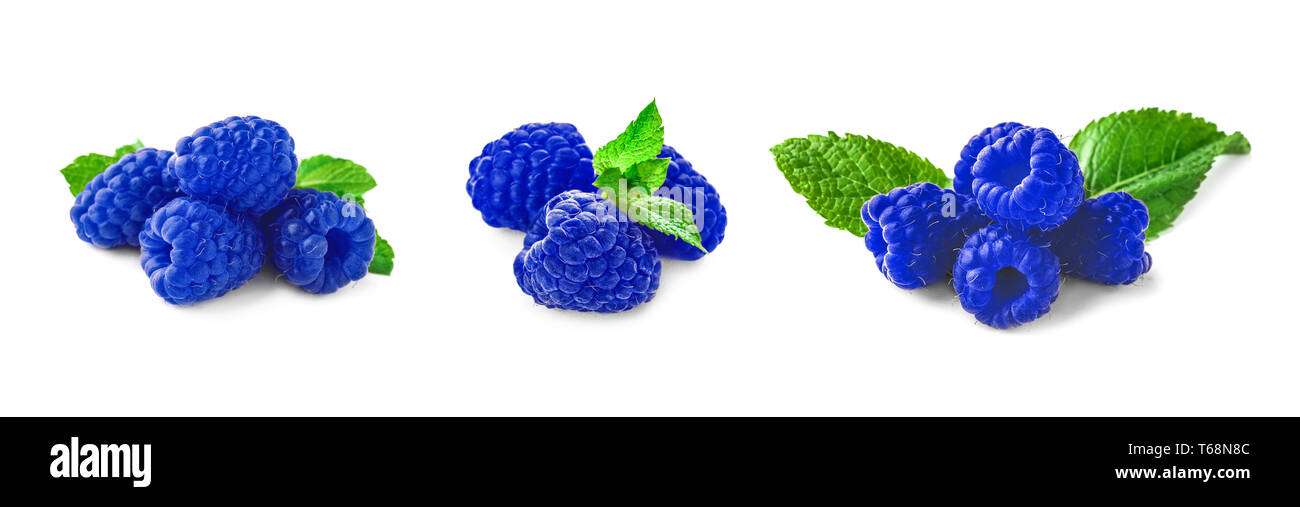 Set with fresh ripe blue raspberry on white background Stock Photo - Alamy