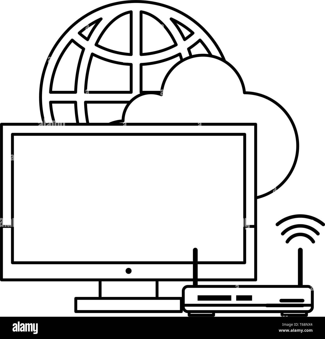 computer with router and globe in black and white Stock Vector Image ...