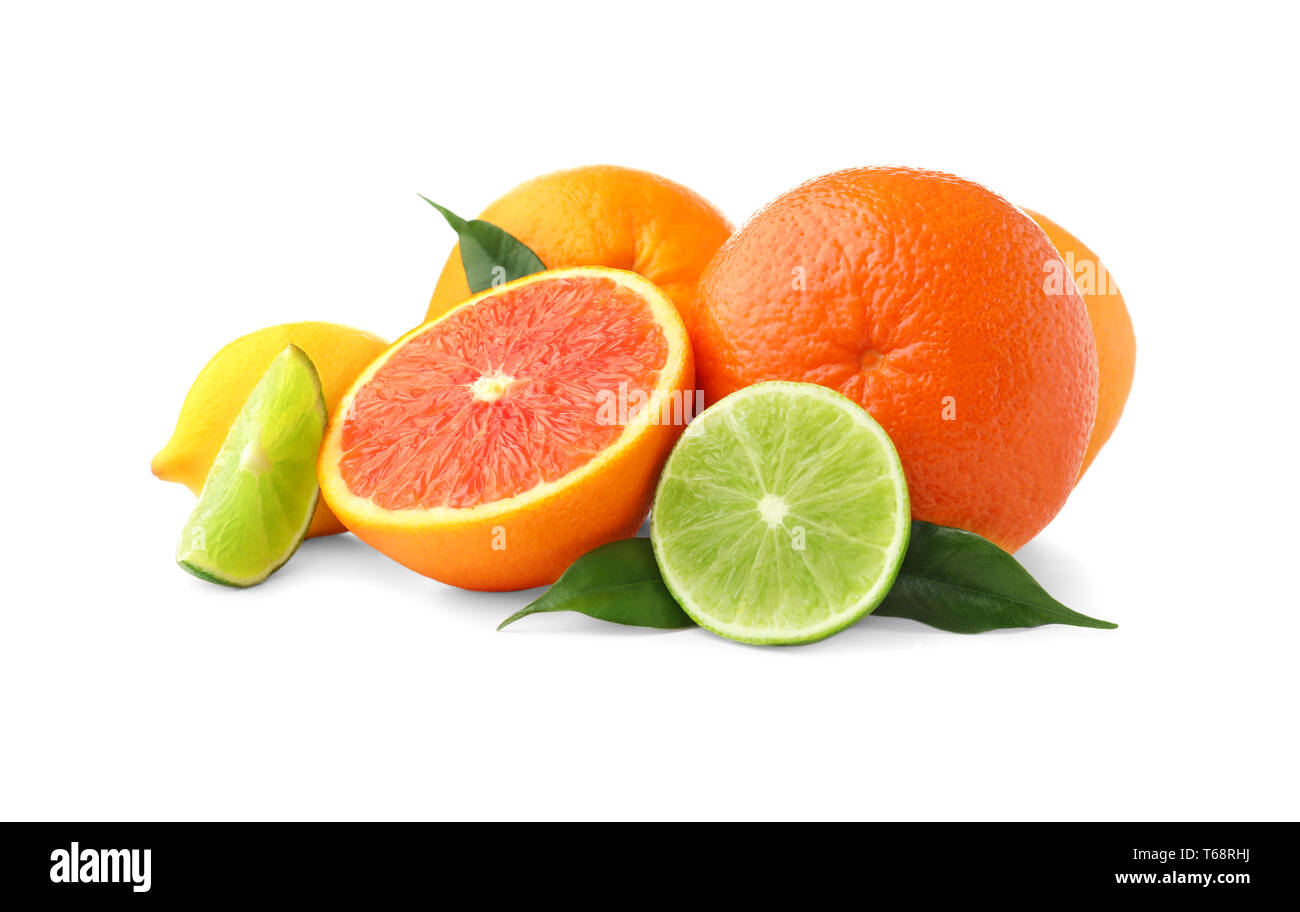 Ripe citrus fruits on white background Stock Photo - Alamy