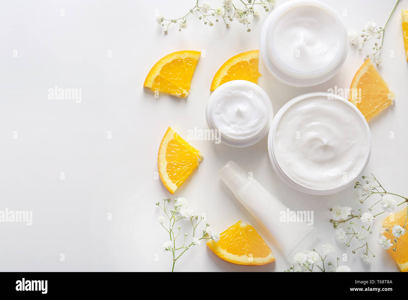 Flat lay composition with skin care cosmetics on white background Stock ...