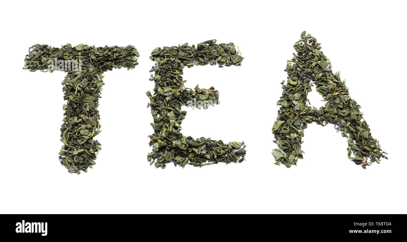 Word TEA made of dry leaves on white background Stock Photo - Alamy