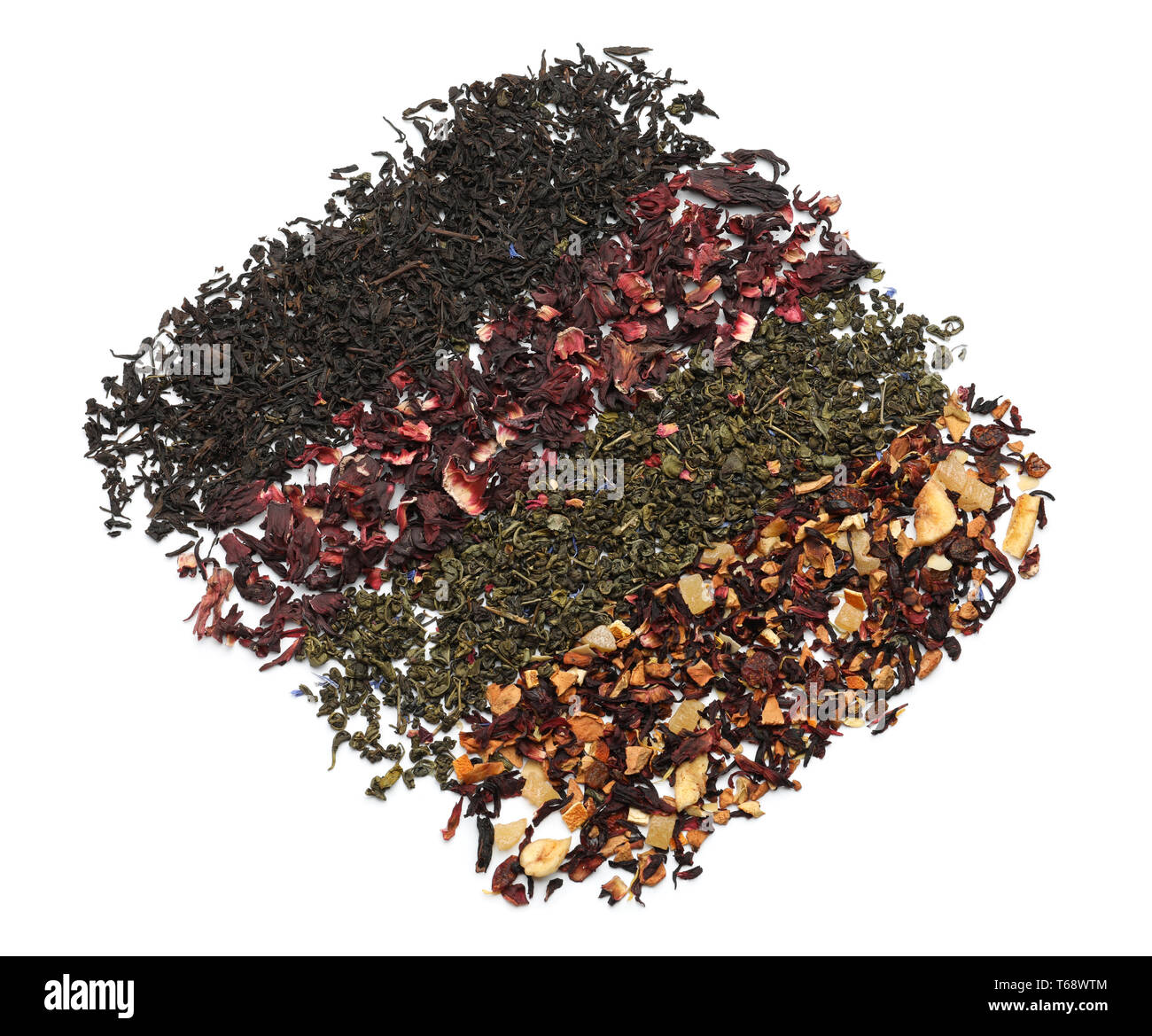 Different types of dry tea leaves on white background Stock Photo - Alamy