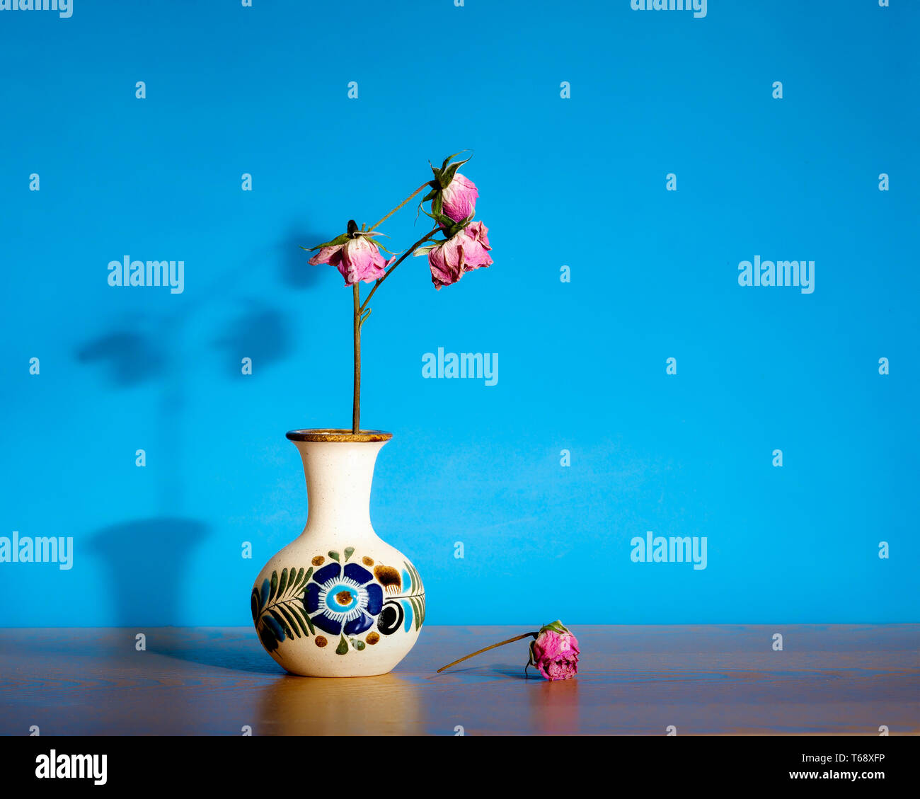 Abstract still life displaying dead, dried, dry roses in ceramic pot ...