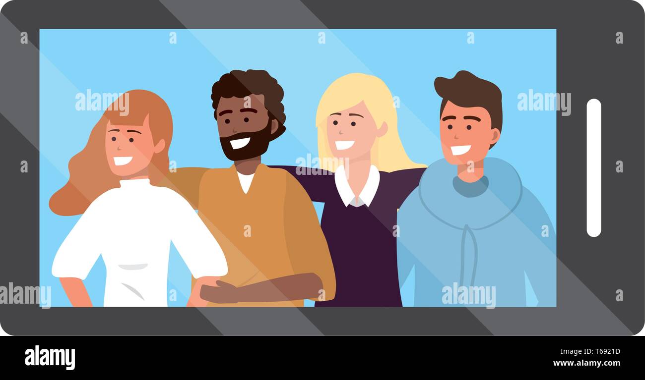 Smartphone app video call friends group smiling happy together afro ...