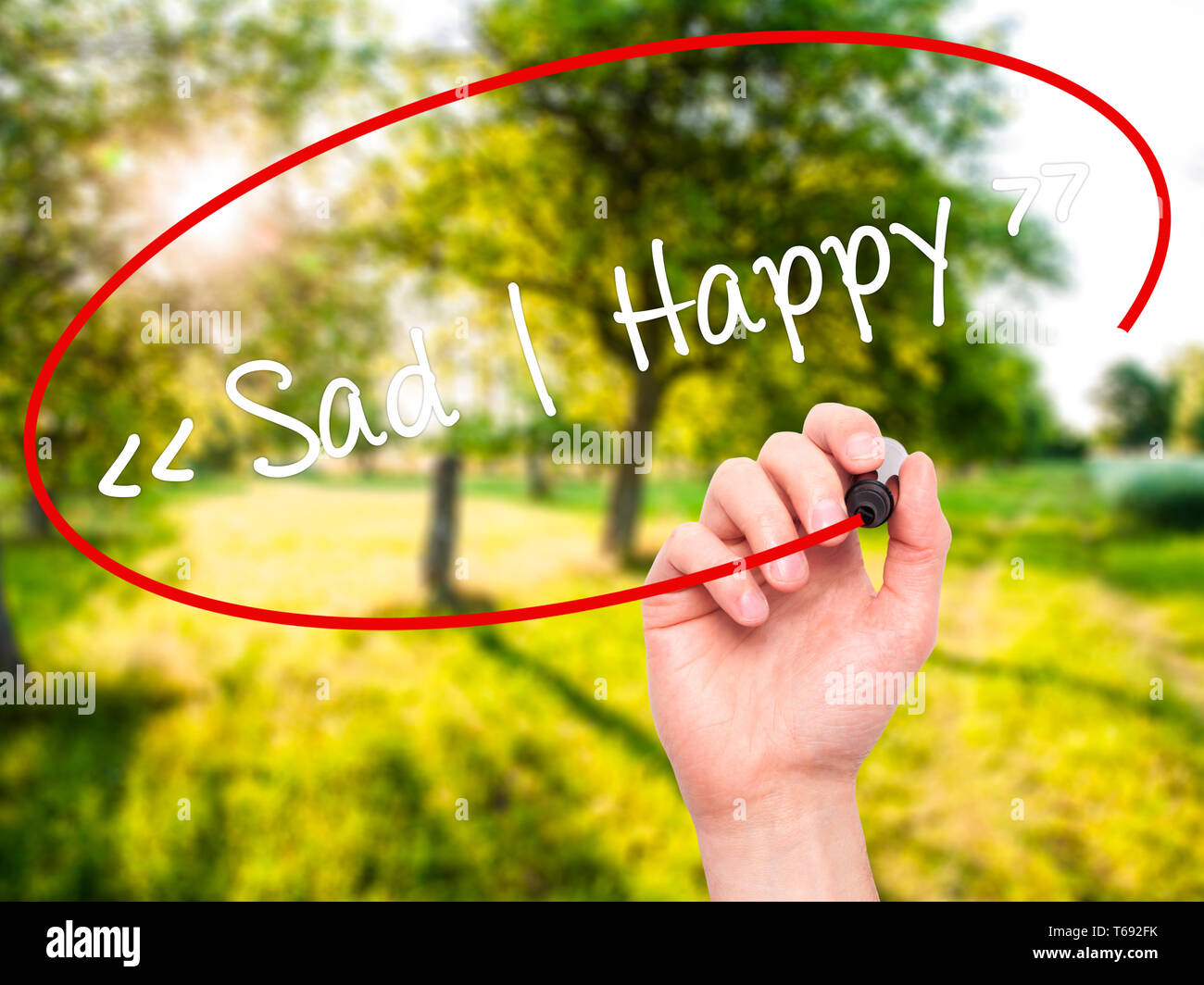 Man Hand writing Sad - Happy with black marker on visual screen Stock ...